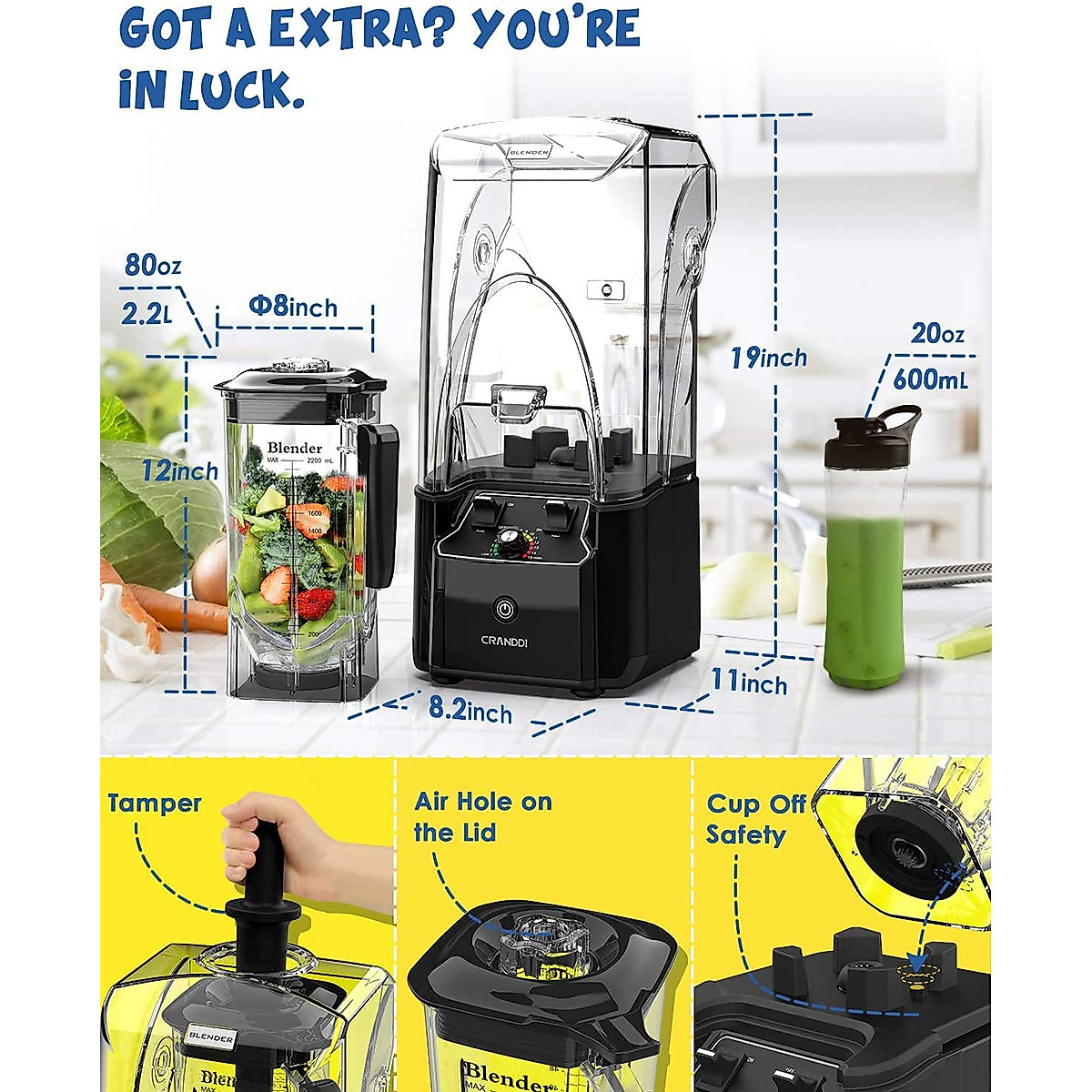 CRANDDI Quiet Shield Blender K90-B bundle with K90-R, 2200W,80 oz Pithcer