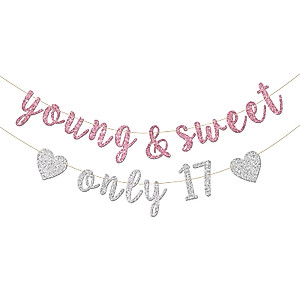 INNORU Young & Sweet Only 17 Banner - Happy 17th Birthday Party Decor for Girls - Cheers to 17 Years Party Decorations Supplies, Pink & Silver Glitter