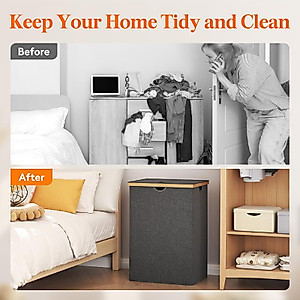 Lifewit 160L Double Laundry Hamper with Lid, Extra Large Bamboo Laundry Basket Dirty Clothes Hamper, 2 Section Laundry Bin Organizer for Laundry Room Bedroom with 2 Removable Liners & Bags, Black