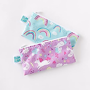Bumkins Snack Bags, Reusable Fabric, Washable, Food Safe, BPA Free - Unicorns & Rainbows (2-Pack)