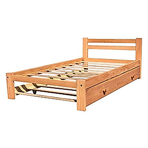 Amazonas Honey Pine Finish Twin Bed & Trundle Solid Pine Wooden Trundle Bed Hardwood Slats Support Suitable for Boys Girls Kids Bedroom Wooden Bed Frame