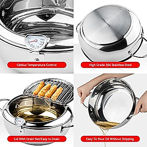 Kerilyn Deep Fryer Pot, 11 Inch/4.2 L Janpanese Style Tempura Frying Pot with Lid, 304 Stainless Steel with Temperature Control and Oil Drip Drainer Rack, for Kitchen French Fries, Chicken etc