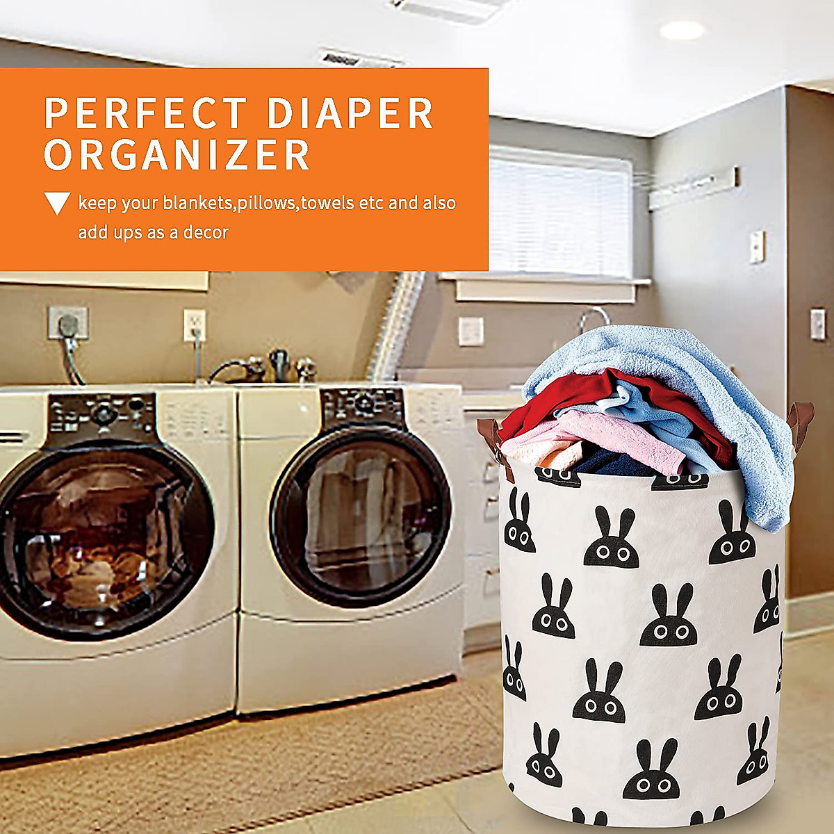 Large Sized Storage Basket, 19.6" Waterproof Canvas Storage Bin with Handles, Round Collapsible Organizer Kids Laundry Hamper for Nursery Clothes Toys - Rabbit