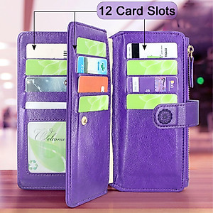 Harryshell Detachable Magnetic Case Wallet with Cash Coin Zipper Pocket 12 Card Slots Holder Wrist Strap Lanyard for Samsung Galaxy Z Fold 5 5G Z Fold5 (2023) (Flower Purple)