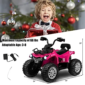 Costzon Kids ATV, 12V Battery Powered Electric Vehicle w/Music, Headlights, MP3, Spring Suspension, High & Low Speed, Treaded Tires, Storage Basket, Ride on 4 Wheeler Quad for 3-8 Years Old (Pink)