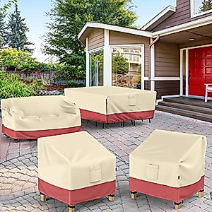 Patio Furniture Set Cover Waterproof, 600D Heavy Duty Lawn Patio Furniture Covers, U-COMSO Outdoor Sectional Sofa Cover Patio Table Chair Set Cover, 90 ''W x 62'' D x 28'' H, Beige & Orange