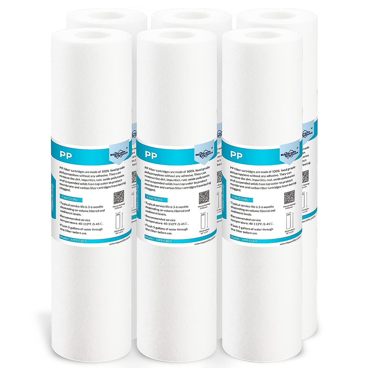 Membrane Solutions 5 Micron 10" x 2.5" Sediment Water Filter Replacement Cartridge for Any Water Filter 10 x 2.5 inch Whole House RO System, Compatible with GE FXUSC, Aqua-Pure AP110, WHKF-GD05-6 Pack