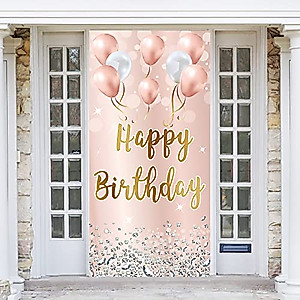 Pink Rose Gold Happy Birthday Door Banner Backdrop Decorations for Women Girls, Happy Birthday Party Door Cover Sign Background Supplies for 16th, 21st, 30th, 40th, 50th, 60th Birthday Décor