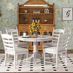POCIYIHOME 5-Piece Retro Functional 42"-58" Wood Round Extendable 4 Upholstered Chairs, Set of 5, Family Dining Table Set for Restaurant, Kitchen (Antique White)