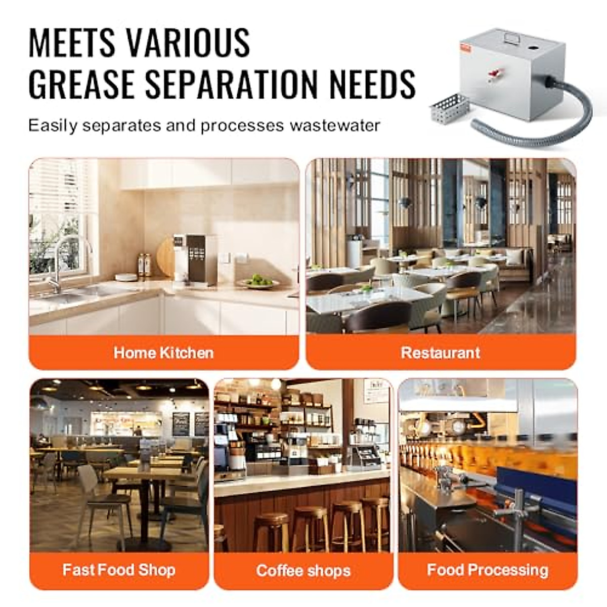 VEVOR Commercial 8 LBS, Top Inlet Interceptor, Under Sink Stainless Steel Grease Trap, 2.8 GPM Waste Oil-Water Separator, for Restaurant Canteen Home Kitchen, 8LB, Silver