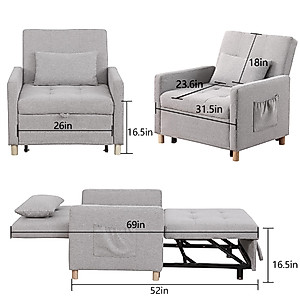 Gangnamri Sleeper Sofa Chair Bed, 3-in-1 Single Convertible Chair,Multi-Functional Sleeper Chair with Soft Fabric for Living Room, Dorm, Apartment, Bedroom or Office (Grey)