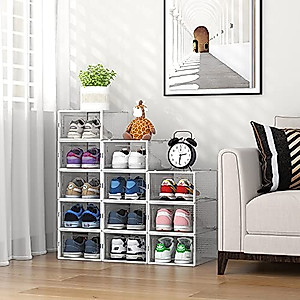 QualiapeX Medium Shoe Storage Boxes, Clear Plastic Stackable Shoe Organizer, Foldable Storage Bins Shoe Container Box, White 12 Pack