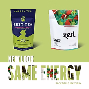 Zest 135mg High Caffeine Energy Leaf Blend - Pomegranate Mojito Green Tea - 20 Pack Bag - All Natural Strong Flavored Healthy Coffee Alternative Highly Caffeinated Substitute - Perfect for Keto