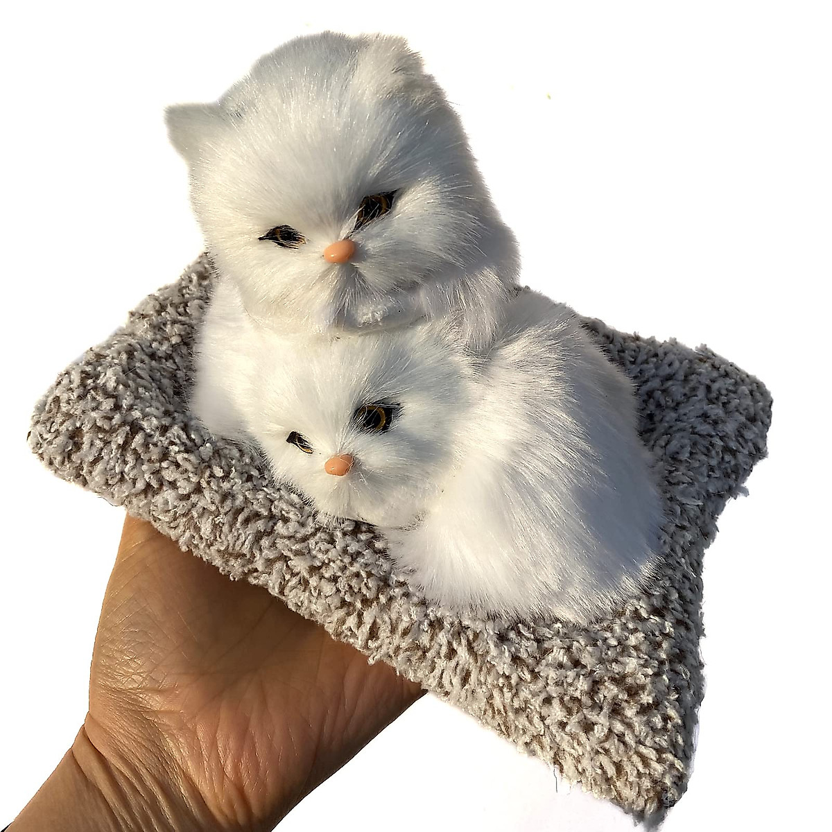 2 in 1 Simulation Furry Kittens Realistic Couple Cats on Rug/Home Shelf Car Decorative Statue - Pad Filled with Activated Carbon Beads (White)
