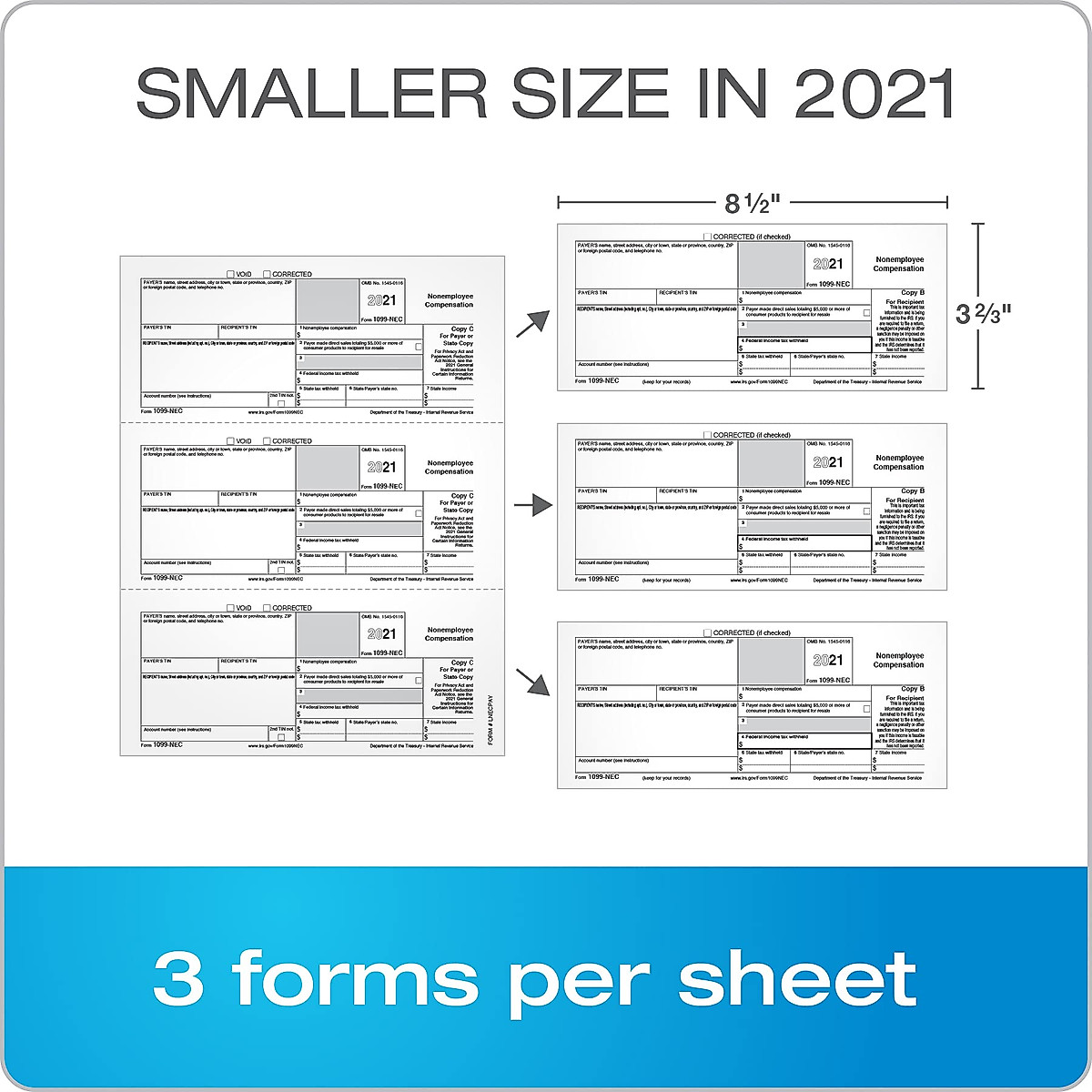 TOPS 1099 NEC 3 Up Forms 2021, Tax Forms Kit for 30 Recipients, 5 Part NEC Tax Form Sets with Self Seal 1099 Envelopes and 3 1096 (TX22905KIT-NE21)