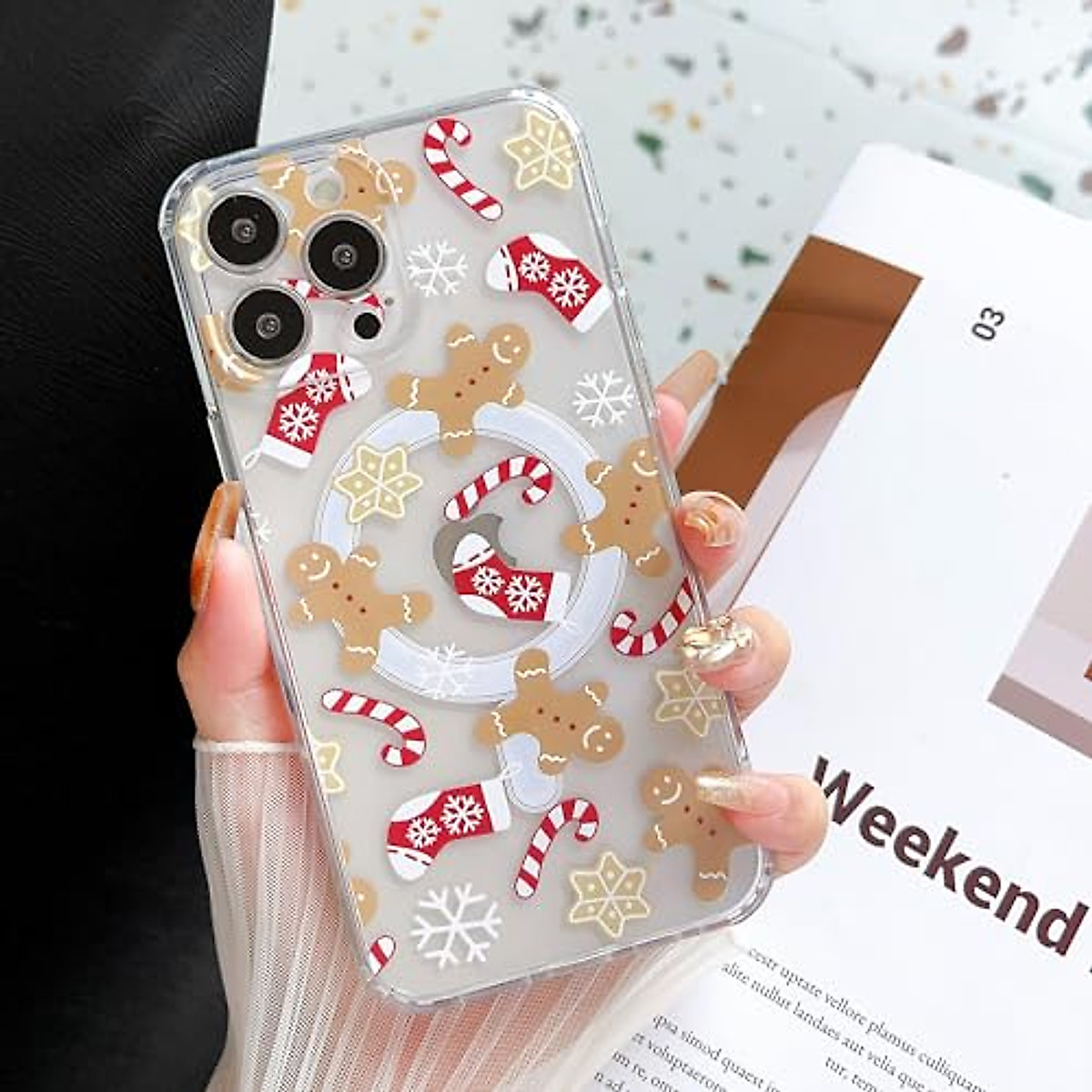 Skyseaco for iPhone 13 Pro Max Case Compatible with MagSafe, Christmas Candy Elk Christmas Tree Pattern, Full Camera Lens Protective Soft and Hard PC Shockproof Case - Christmas Style 01 / Clear