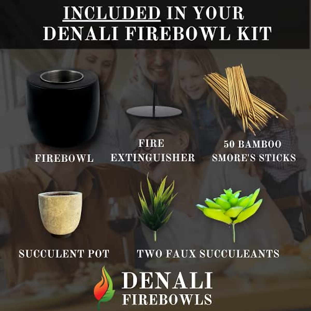 Denali Firebowls Tabletop Pit with Faux Succulents - Indoor/Outdoor Table Top Patio with S'Mores Sticks and Extinguisher (Midnight Black Firepit), 4x5 in