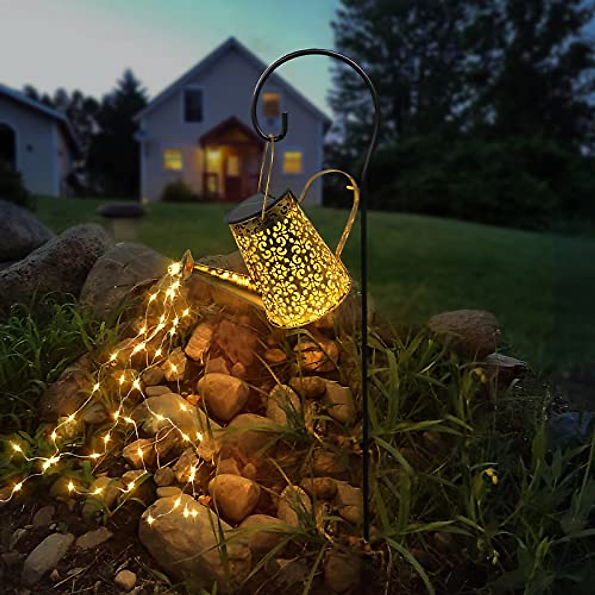 Anordsem Solar Garden Lights-Solar Watering Can with Cascading String Lights & Shepherd Hook Waterproof -Outdoor Garden Decor for Patio, Lawn, Yards, Backyard Decoration