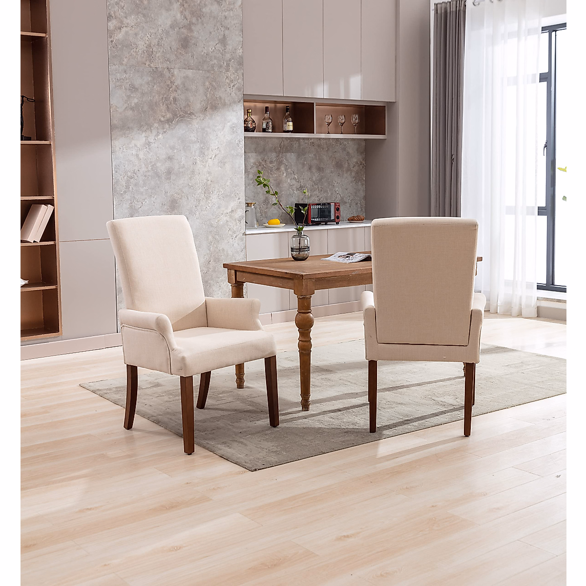 Restworld Dining Room Chairs with Arms,Tufted Upholstered High Back Nailed Trim with Untique Oak Wood Legs for Kitchen Restaurant Room Bedroom (Ivory, SingleA)