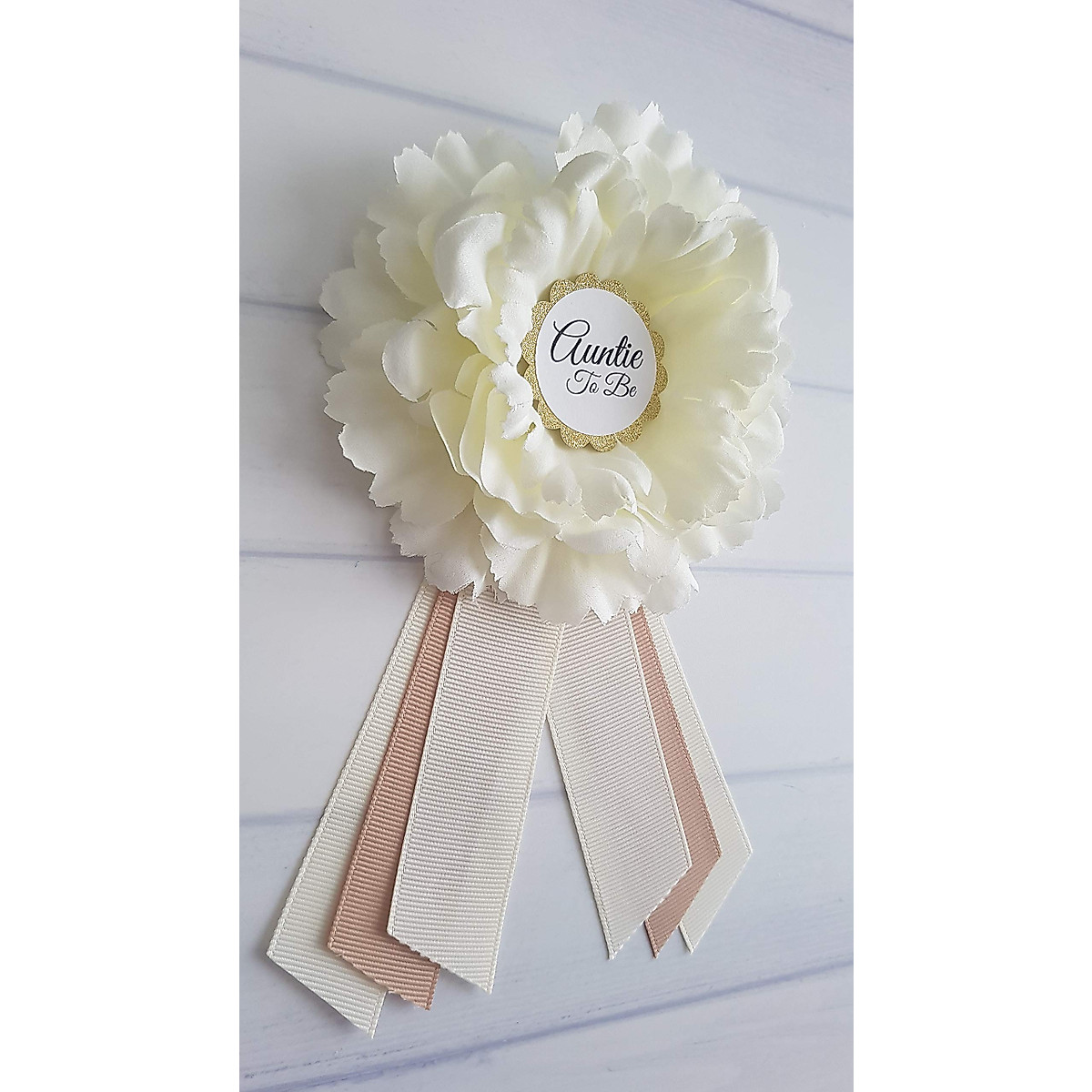 Mom To Be Sash and Dad To Be Pin By LMC | Baby Shower Belly Sash and Corsage | USA Handmade | Heat Sealed Ends | Ivory and Beige (Auntie to be pin)