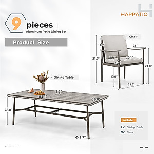 HAPPATIO 9-Piece Patio Table and Chairs Set for 8, Aluminum Outdoor Dining Set with Cushions, 8 Dining Chairs, 1 Large Rectangular Table with Umbrella Hole for Lawn, Porch, Backyard, Grey