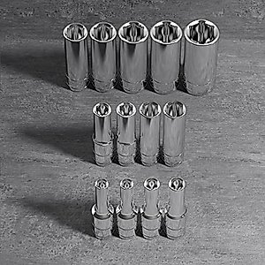 Olsa Tools SAE Socket Set (13pc) | 1/4-Inch Drive | 6-Point Deep Socket Set | Standard Imperial Sizes from 1/8" to 5/8" | Mechanic Fractional Socket Sets | Long Chrome Sockets | Professional Grade