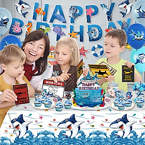 Shark Birthday Decorations, Ocean Shark Party Decorations Include Shark Balloons, Happy Birthday Banners, Cupcake & Cake Toppers, Shark Signs and Tablecloth for Boys Girls Ocean Theme Shark Party