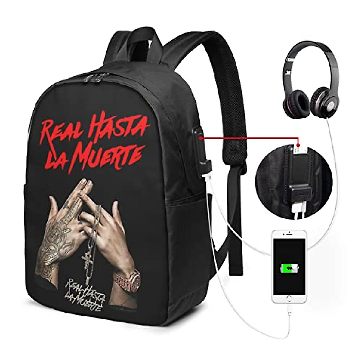 HQEKMS Real Hasta La Muerte Backpack,17Inch Lightweight Bookbag with USB Charging Port Travel Casual Backpack, Black, One Size