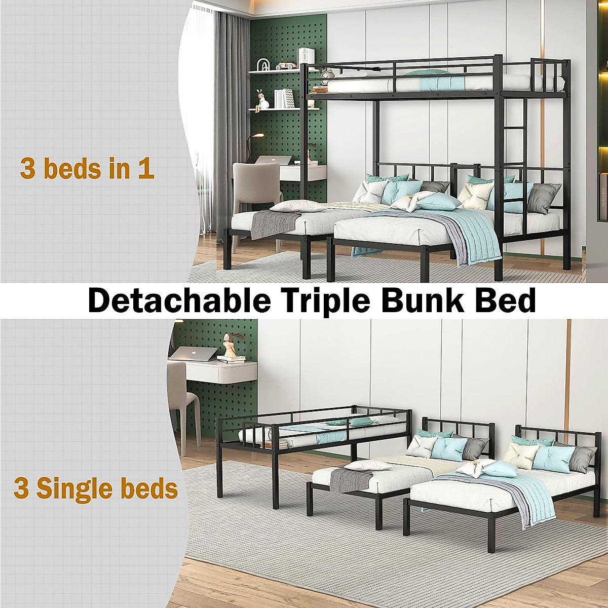 EMKK Bunk Bed Twin Over Twin Metal Bunk Bed with Trundle - Contemporary Space Saver for Kids and Teens,3 in 1 Triple Bunk Bed with Trundle,Bunk Beds Frame,Convertible Bunkbed with Safety Guard Rails