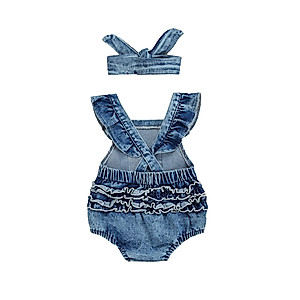 Fanvereka Newborn Baby Girls Rainbow Rompers Sleeveless Summer Ruffle Bodysuit Denim Rib Jumpsuit Headwear 2pcs Outfit Set (Blue, 3-6 Months)