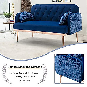Yoglad Velvet Small Sofa, Upholstered Loveseat with Golden Metal Legs, Accent Couch with Cute Pillows, Small Couch with Solid Wood Frame, for Living Room, Bed Room, Dorm, 55" Inch (Navy)