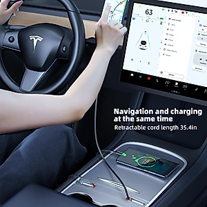 ROADRESS Tesla USB Hub for Model 3 Model Y 2021 2022 2023 Center Consoles with Dual Retractable Charging Cable, Lightning Cable Fast Charging Up to 27W