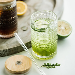 Set of 4 Hobnail Highball Glasses: Embossed Beaded Glass Cups with Lids and Straws – Perfect for Cocktails, Old Fashioned, Margaritas, Beer, Juice, and More – 12oz Elegant Mixed Drinkware (12 Oz)