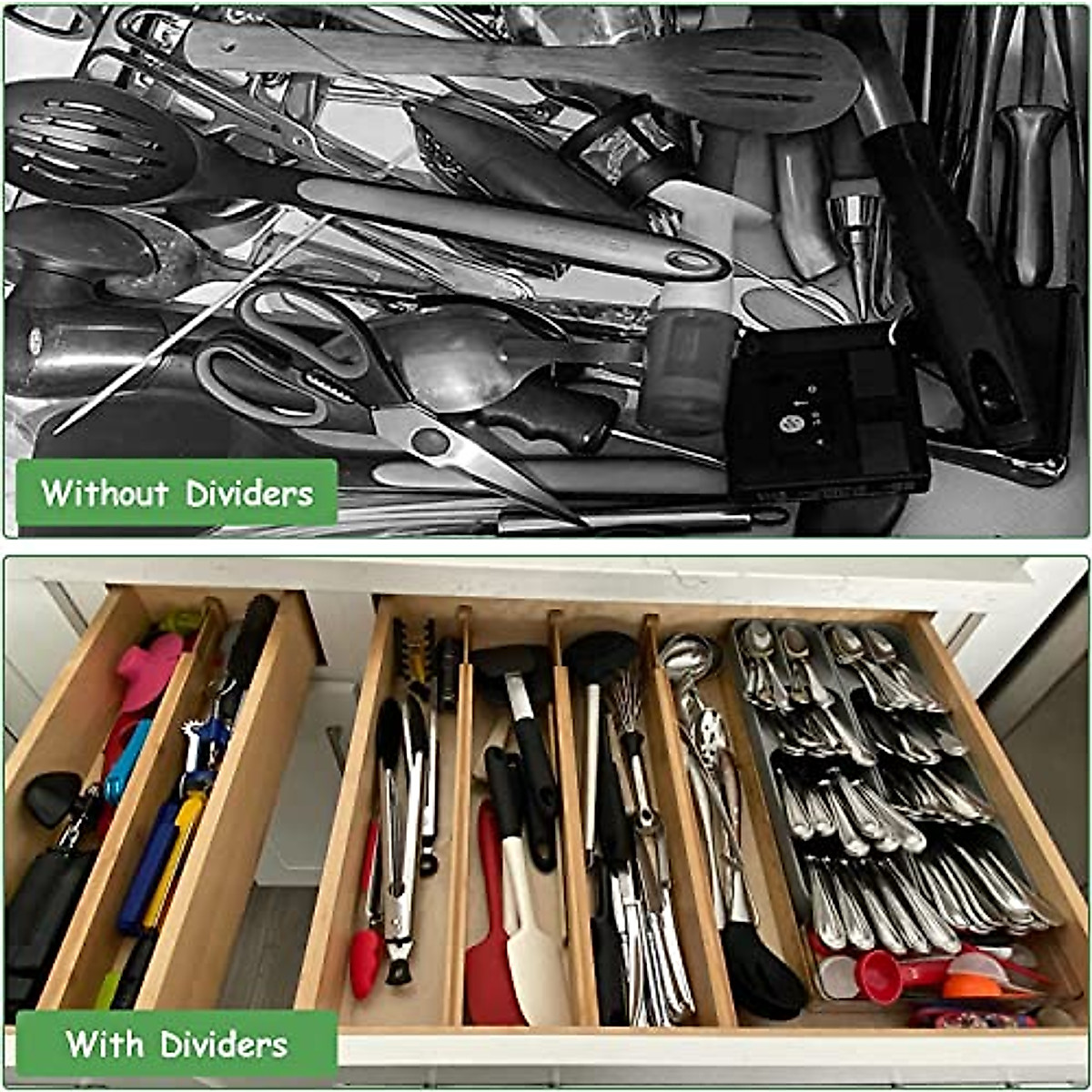 Adjustable Bamboo Drawer Dividers, 6 Pack Large Drawer Divider Organizer Expandable From 17.7-22", Drawer Separators For Kitchen Utensils, Dresser, Bedroom, Clothes, Bathroom