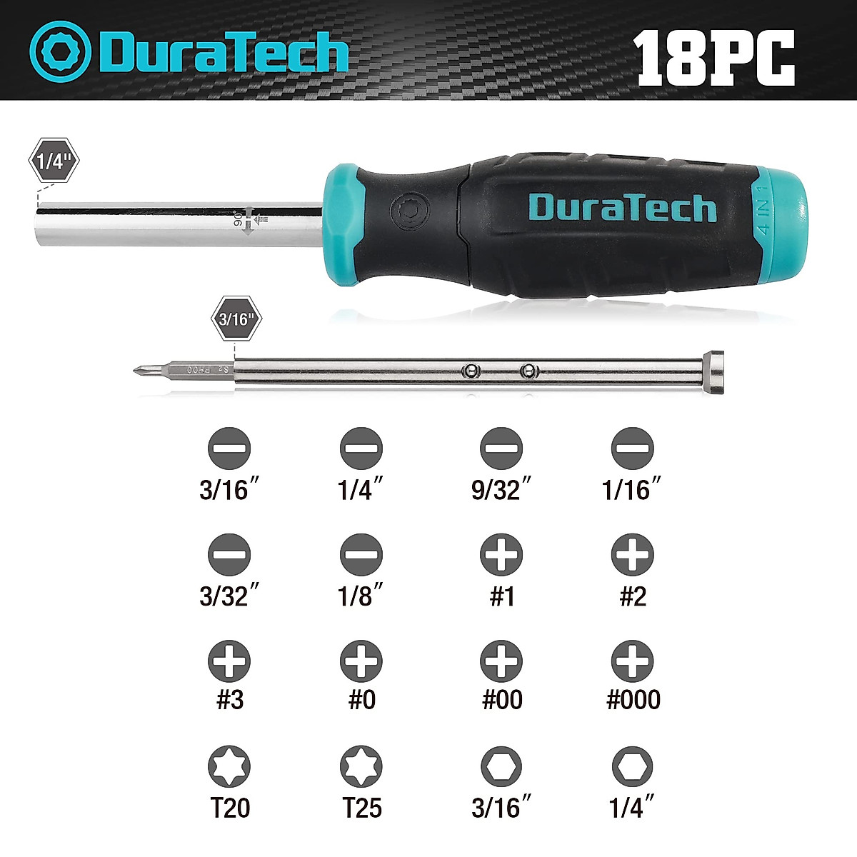 DURATECH Multi-bit Screwdriver Set, 18-in-1 Screwdriver with T-bar and Precision Screwdriver Stored in Shaft, Phillips/Slotted/Torx/Square, Professional All in One Tool Kit for Repairing