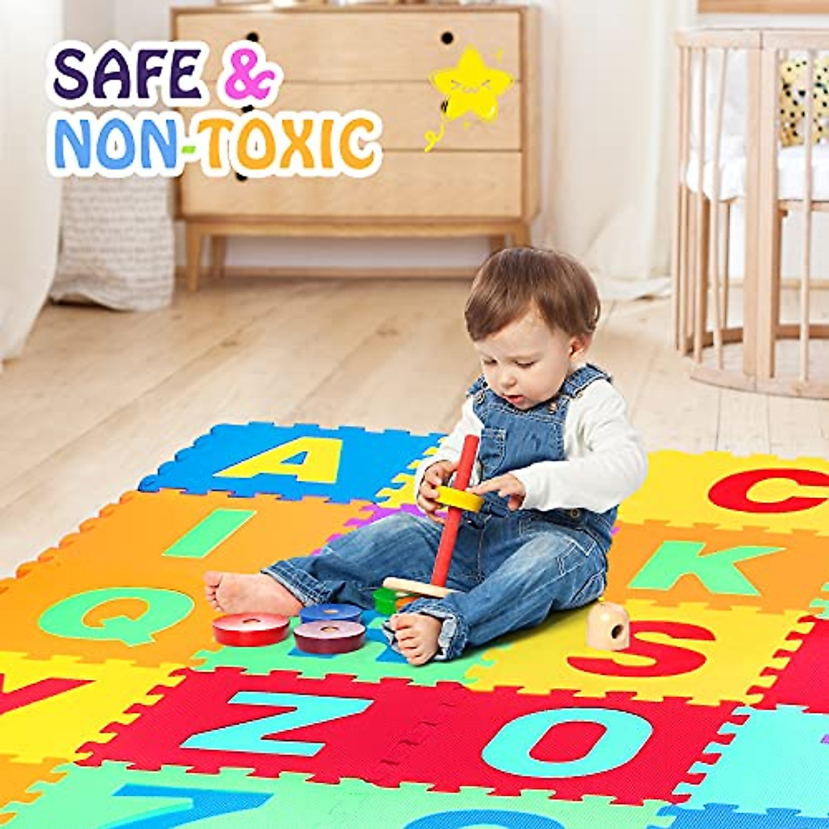 Costzon 72 Pieces Baby Play Mat w/Fence, Baby 0.4'' Thick EVA Baby Crawling Mat w/Detachable Numbers, Waterproof Soft Playmat for Toddler Infants (72 Pieces, Alphabet + Numbers)