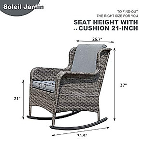 Soleil Jardin Outdoor Resin Wicker Rocking Chair with Cushions, Patio Yard Furniture Club Rocker Chair, Gray Wicker & Gray Cushions,Set of 2