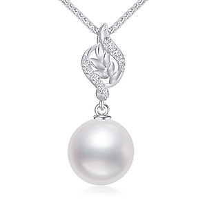 SISGEM 14k White Gold Diamond Leaves Freshwater Cultured Pearl Necklace, 14k Gold Wheat Chain and Pendant, 16-18 Inches