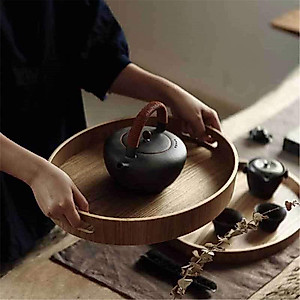 16 Inch Round Serving Tray Natural Bamboo Wood Food Tray with Cut-Out Handles for Serving Tea, Coffee, Snacks, Water, Drinks