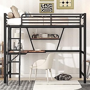Lifeand Full Size Loft Metal&MDF Bed with Desk and Shelf, Black