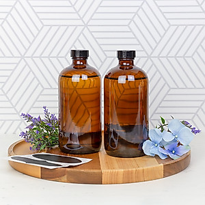 Cornucopia 16oz Amber Glass Bottles with Reusable Chalk Labels and Lids (2 Pack), Refillable Brown Boston Round Bottles, with Black 28-400 Caps