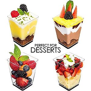 DLux 50 x 5 oz Mini Dessert Cups with Spoons, Square Large - Clear Plastic Parfait Appetizer Cup - Small Reusable Serving Bowl for Tasting Party Desserts Appetizers - With Recipe Ebook