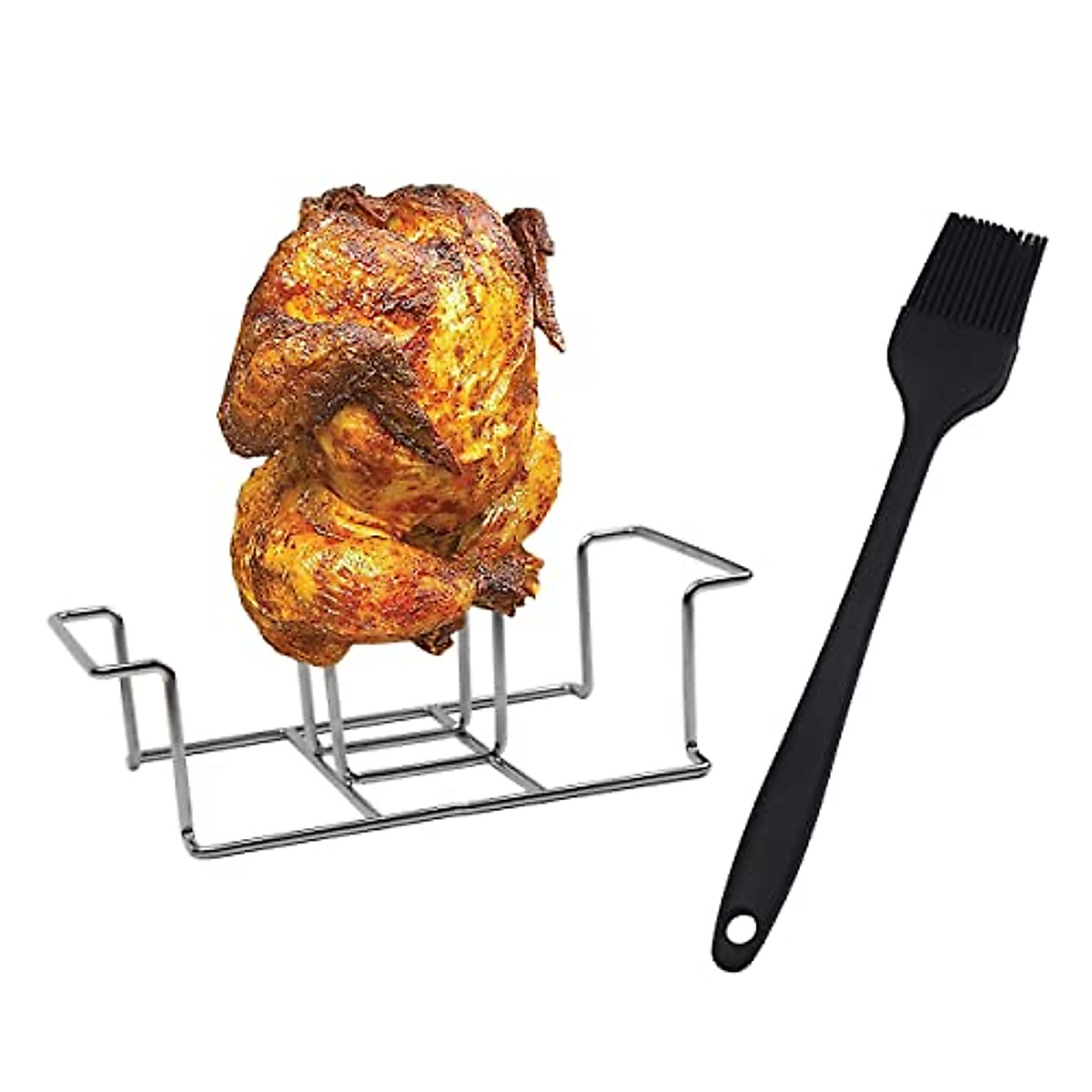 CA Mode Beer Can Chicken Roaster Rack Roasting Chicken Holder, Stainless Steel Turkey Roasting Stand Square Barbecue Cooking Vertical Rack Silicone Brush Accessories for Grill Oven BBQ