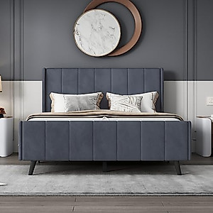 WADRI Modern Full Size Upholstered Platform Bed with Headboard and Footboard, Velvet Upholstered Bed with Wood Slats Support for Kids Teens Boys Girls Bedroom, Easy Assembly (Gray + Upholstered-6)