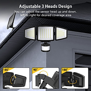 Tuffenough Solar Lights Outdoor with Motion Sensor 3000LM LED Security Lights with Remote,3 Heads Adjustable Solar Powered IP65 Waterproof Flood Wall Lights for Garage Yard
