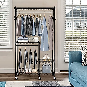 uyoyous 3 Tier Rolling Clothing Rack 73 X 40 Inch Wire Heavy Duty Clothes Rack with Locked Wheels and Side Hooks Rolling Garment Rack Closet Organizer for Bedroom