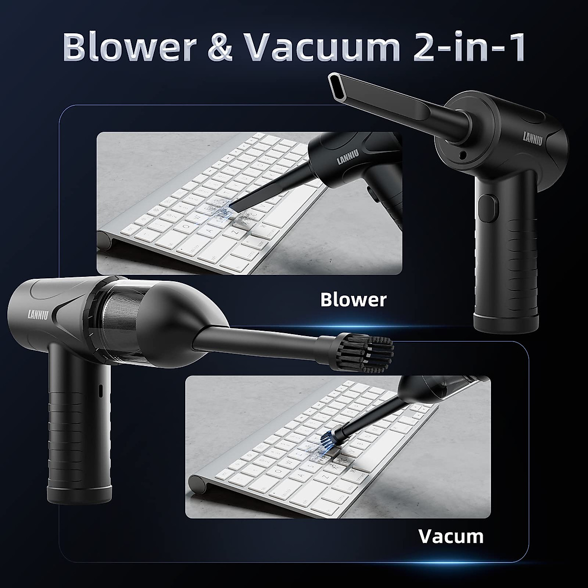 Compressed Air Duster-Electric Air Duster-Blower& Vacuum 2-in-1,No Canned Air Duster-Cordless air Duster-Reusable Power 110000 RPM Motor, 11000PA Suction-Air Blower for Computer