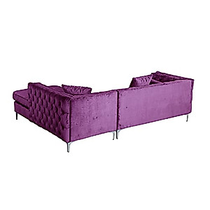 Iconic Home Da Vinci Velvet Modern Contemporary Button Tufted with Silver Nailhead Trim Silvertone Metal Y-Leg Right Facing Sectional Sofa, Purple