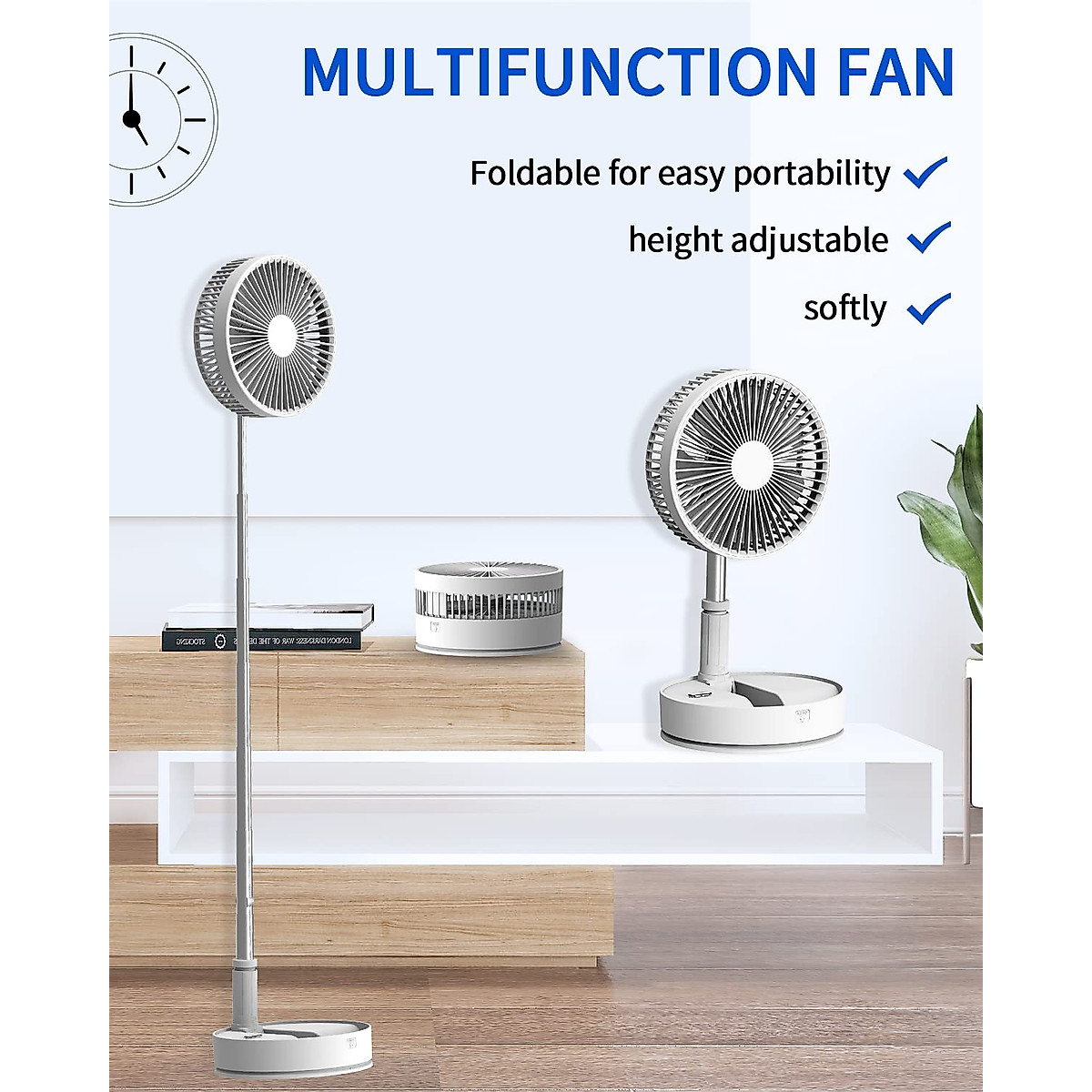 Oscillating Fan with Remote Control, 7200mAh Rechargeable Battery Operated Travel Fan for Camping, 4 Speed, Timer, Height Adjustment Portable Foldable Fan for Travel , Outdoor, Home (White)