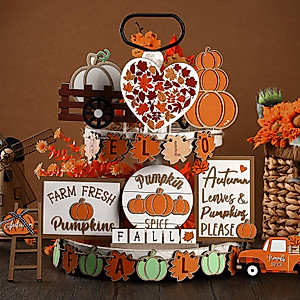23-Piece Fall Tiered Tray Decoration Set - Thanksgiving Pumpkin Maple Leaf Truck Wooden Sign Rustic Farmhouse Tray Decoration Tabletop Sign Holiday